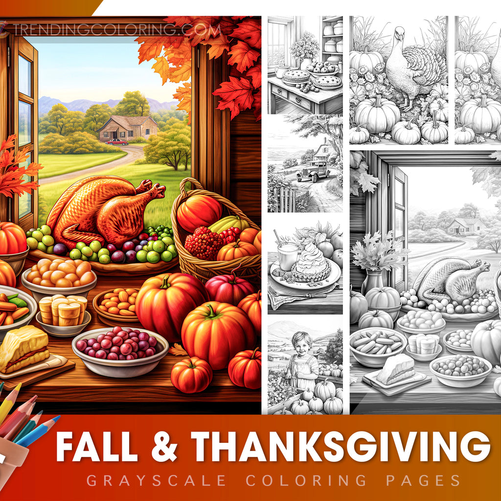 25 Fall & Thanksgiving Grayscale Coloring Pages - Instant Download - P ...