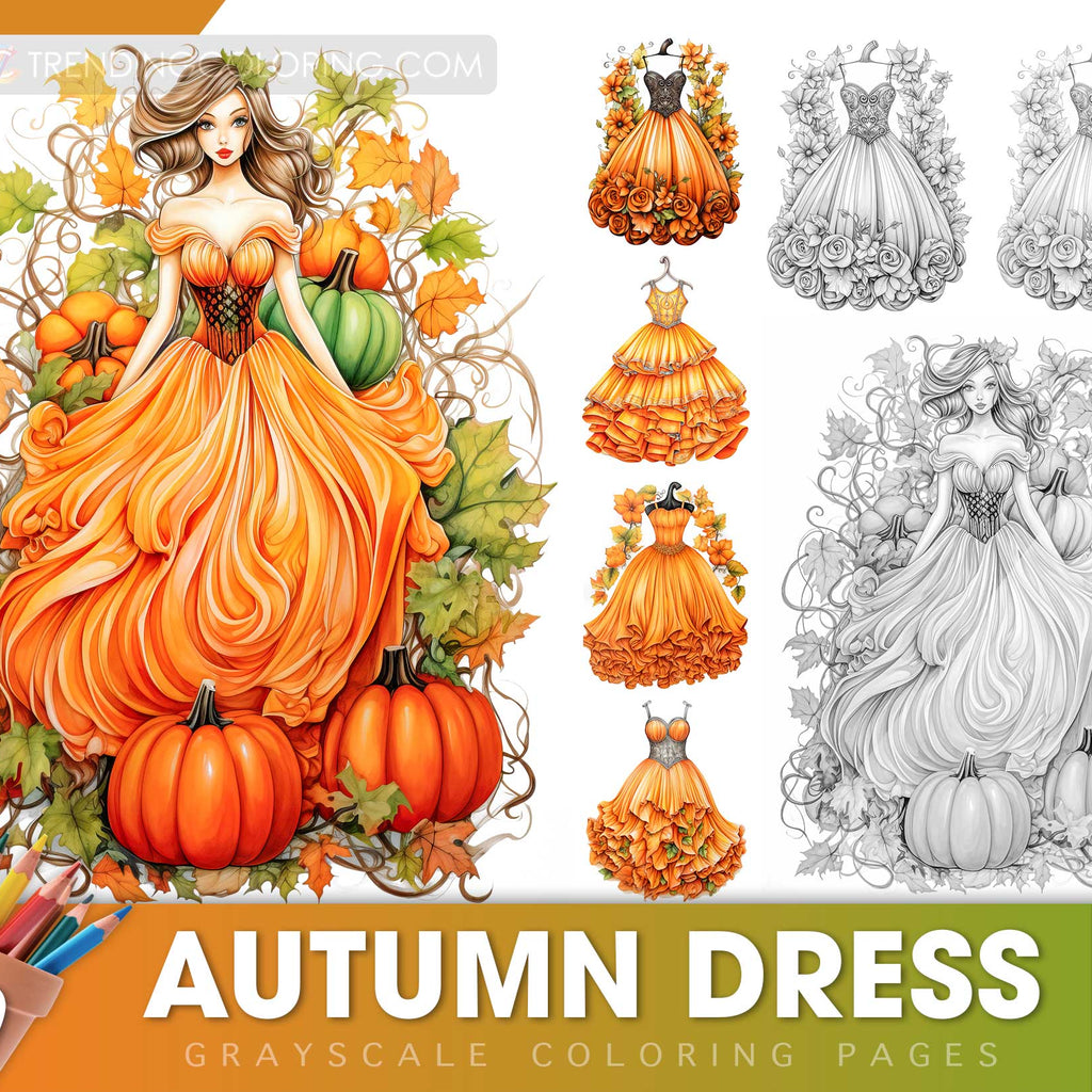 50 Autumn Dress Grayscale Coloring Pages - Instant Download - Printabl ...