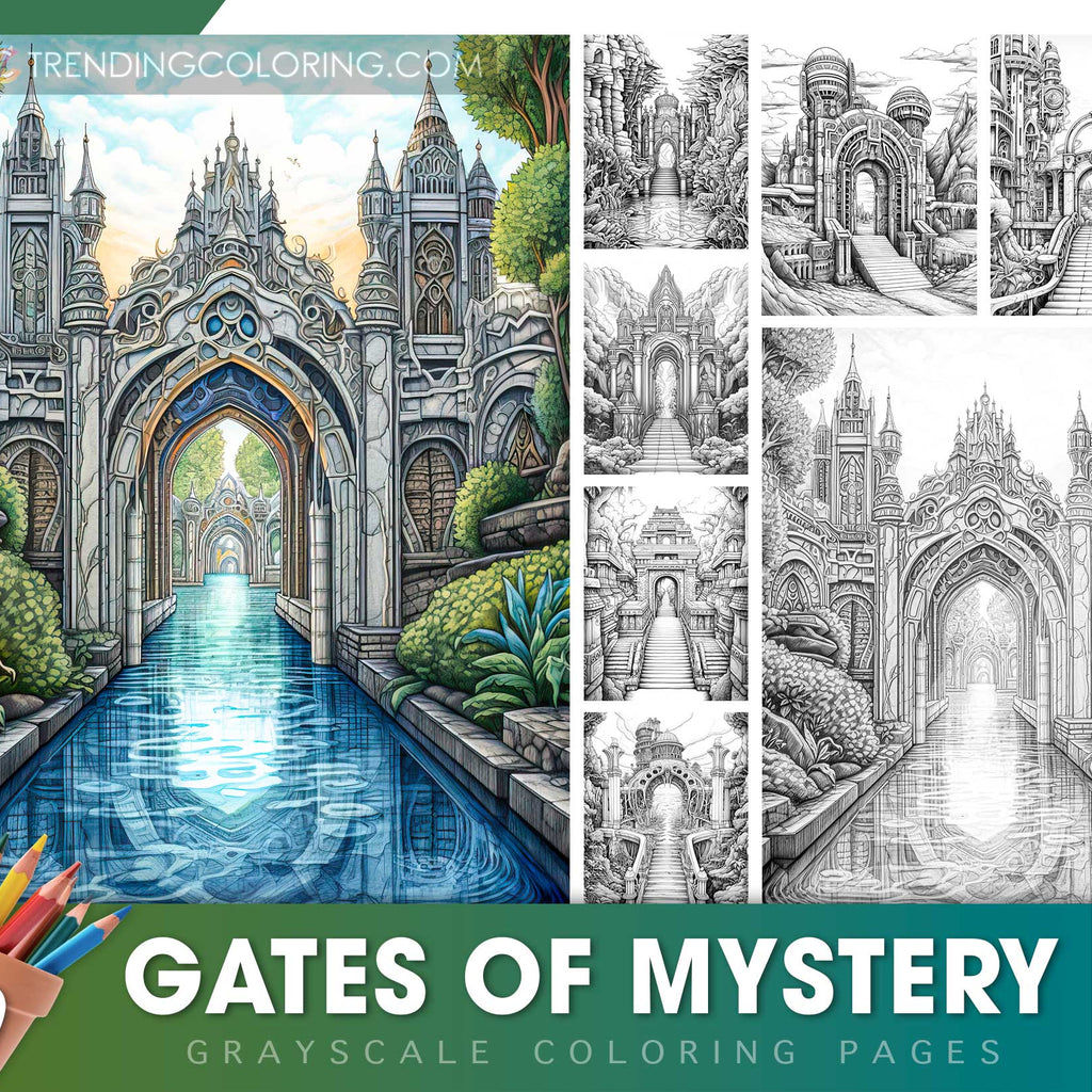 50 Gates Of Mystery Grayscale Coloring Pages - Instant Download - Prin ...