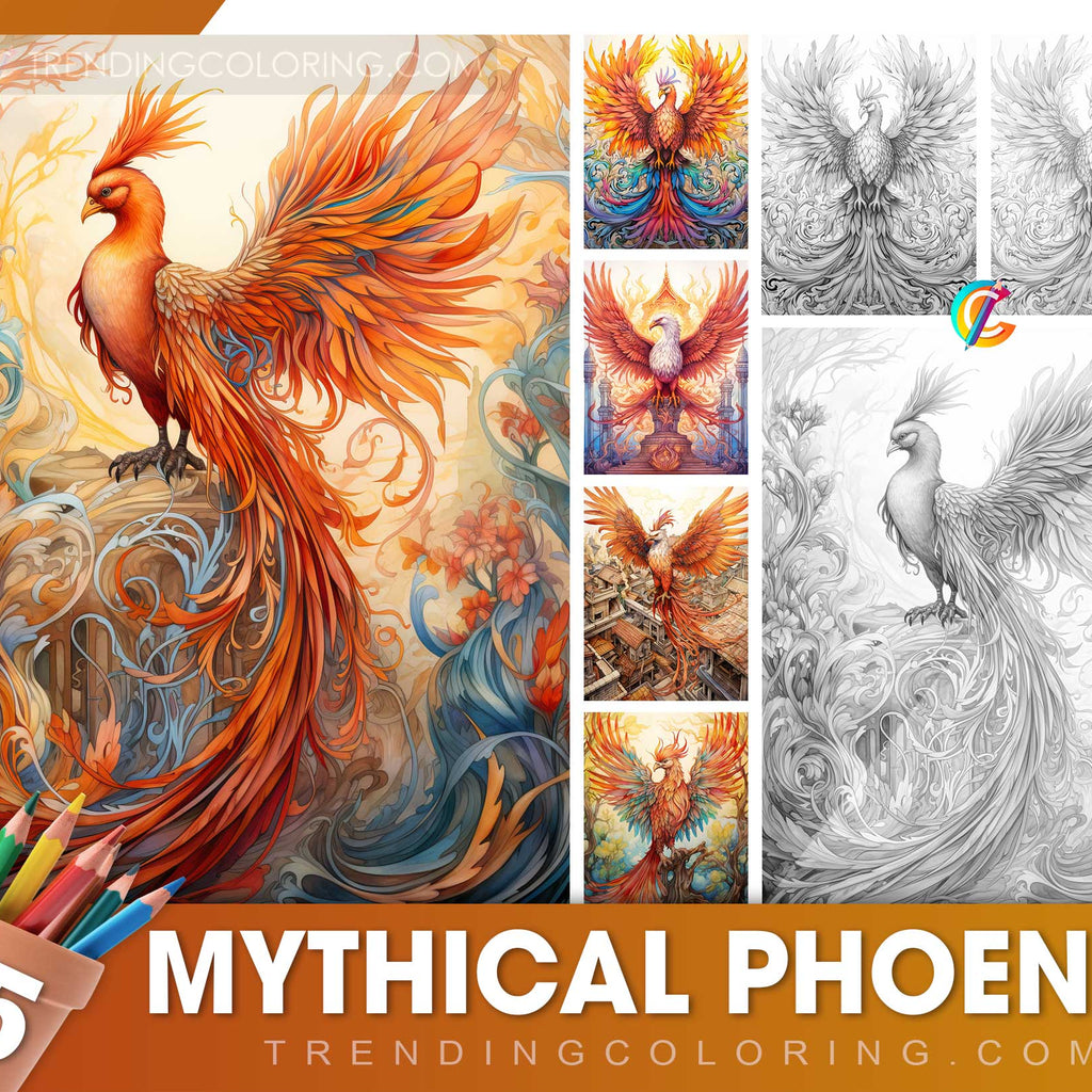 25 Mythical Phoenix Grayscale Coloring Pages for Adults - Instant Down ...