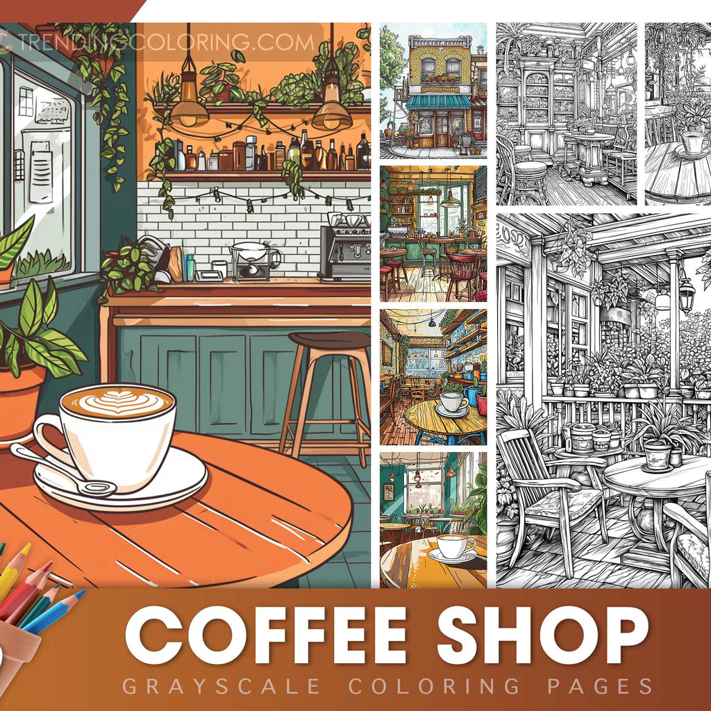 50 Coffee Shop Grayscale Coloring Pages - Instant Download - Printable ...