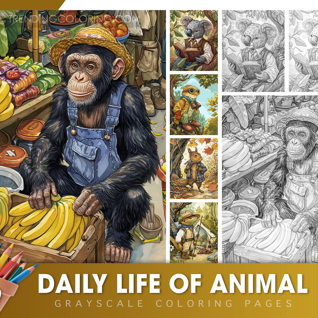 50 Daily Life Of Animal Grayscale Coloring Pages - Instant Download ...