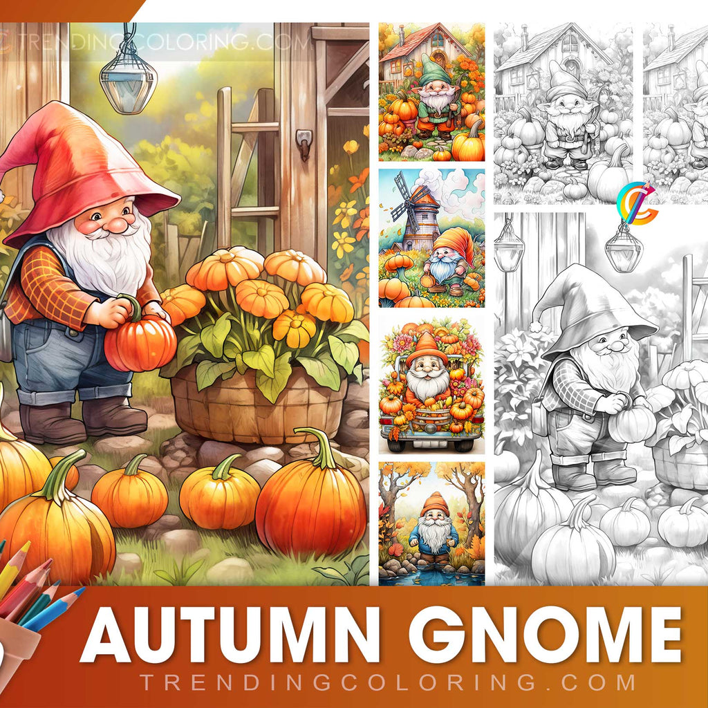 50 Autumn Gnome Grayscale Coloring Pages - Instant Download - Printabl ...