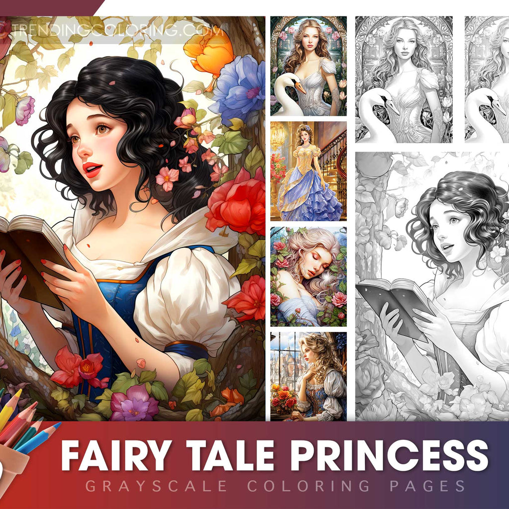 50 Fairy Tale Princess Grayscale Coloring Pages - Instant Download - P ...
