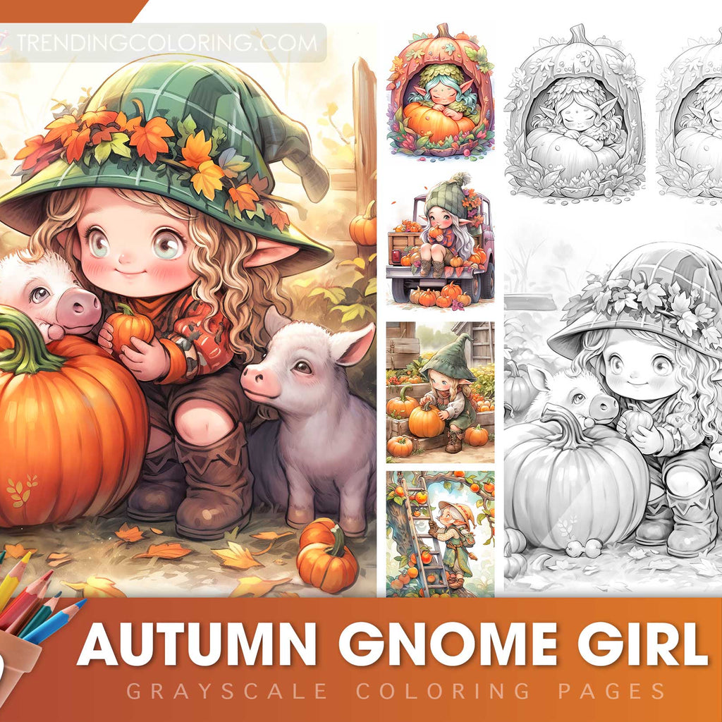 50 Autumn Gnome Girl Grayscale Coloring Pages - Instant Download - Pri ...