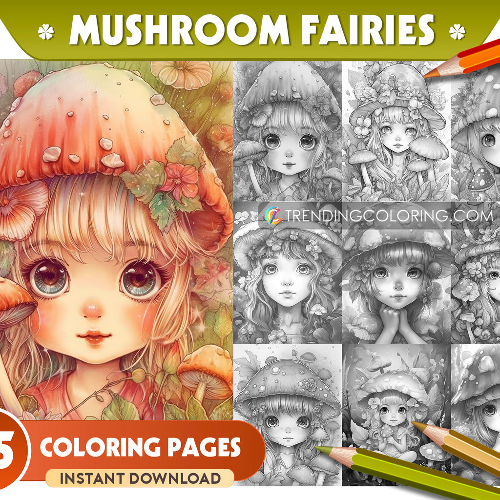 25 Mushroom Fairies Grayscale Coloring Pages - Instant Download - Prin ...