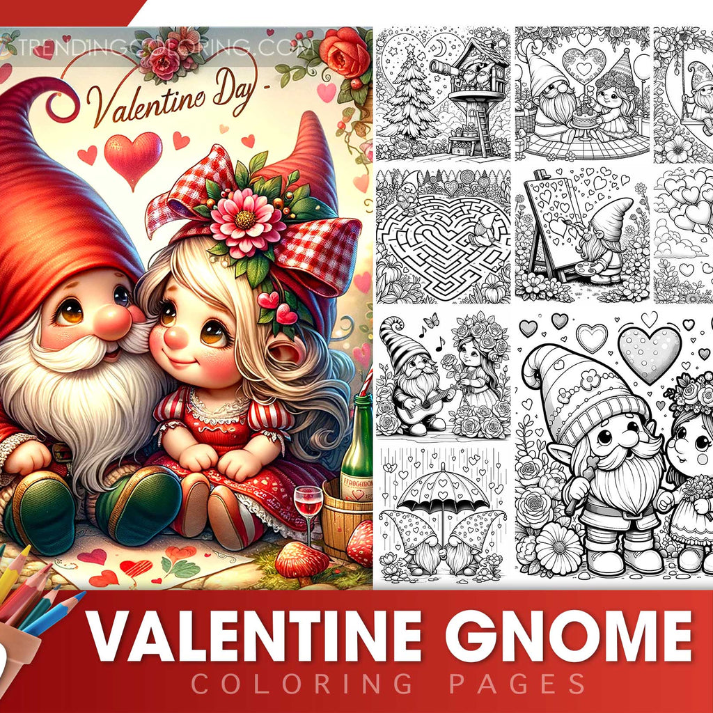 50 Valentine Gnome Coloring Pages - Instant Download - Printable ...