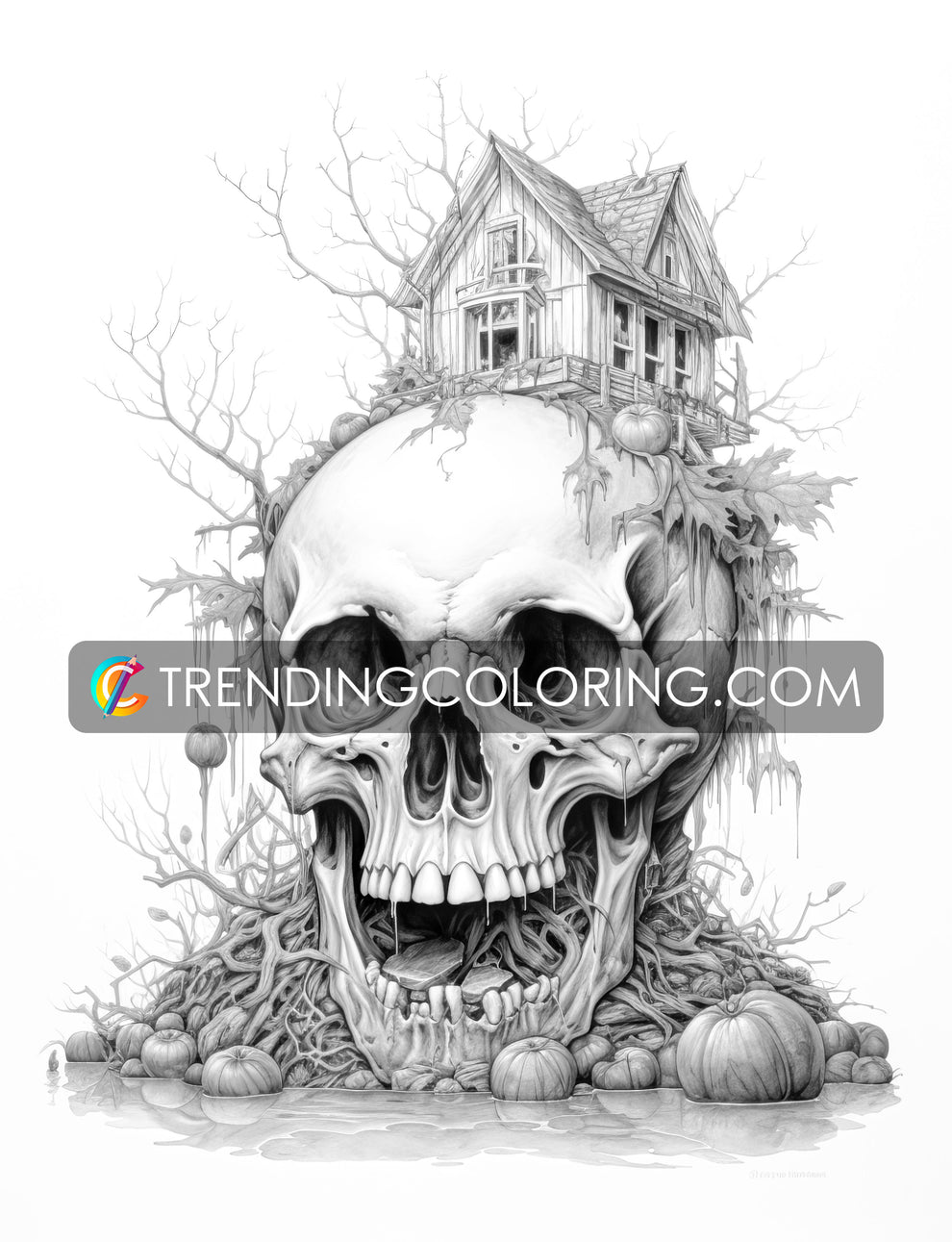 40 Skull House Grayscale Coloring Pages - Halloween Coloring - Instant ...