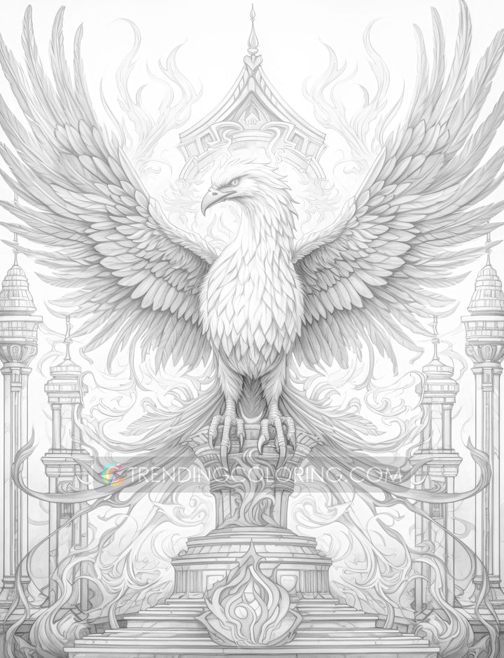 25 Mythical Phoenix Grayscale Coloring Pages for Adults - Instant Down ...