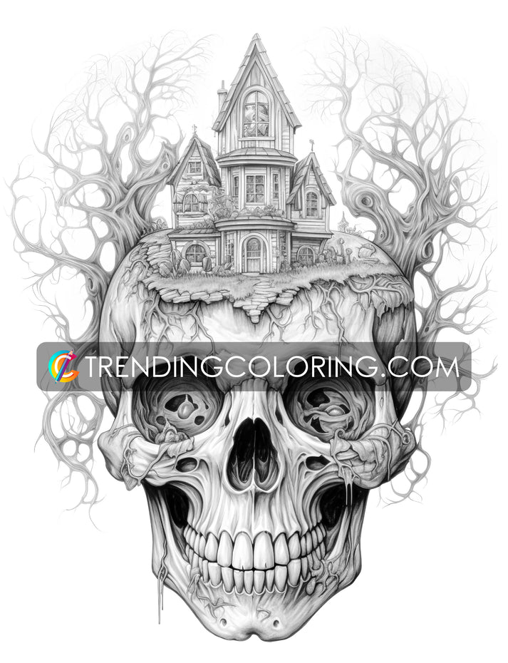 40 Skull House Grayscale Coloring Pages - Halloween Coloring - Instant ...