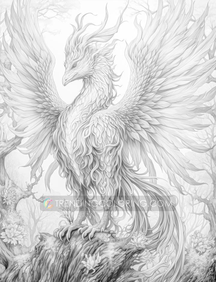 25 Mythical Phoenix Grayscale Coloring Pages for Adults - Instant Down ...