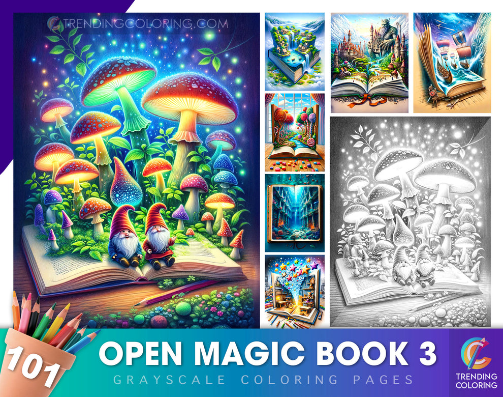 101 Open Magic Book 3 Grayscale Coloring Pages - Instant Download - Pr ...