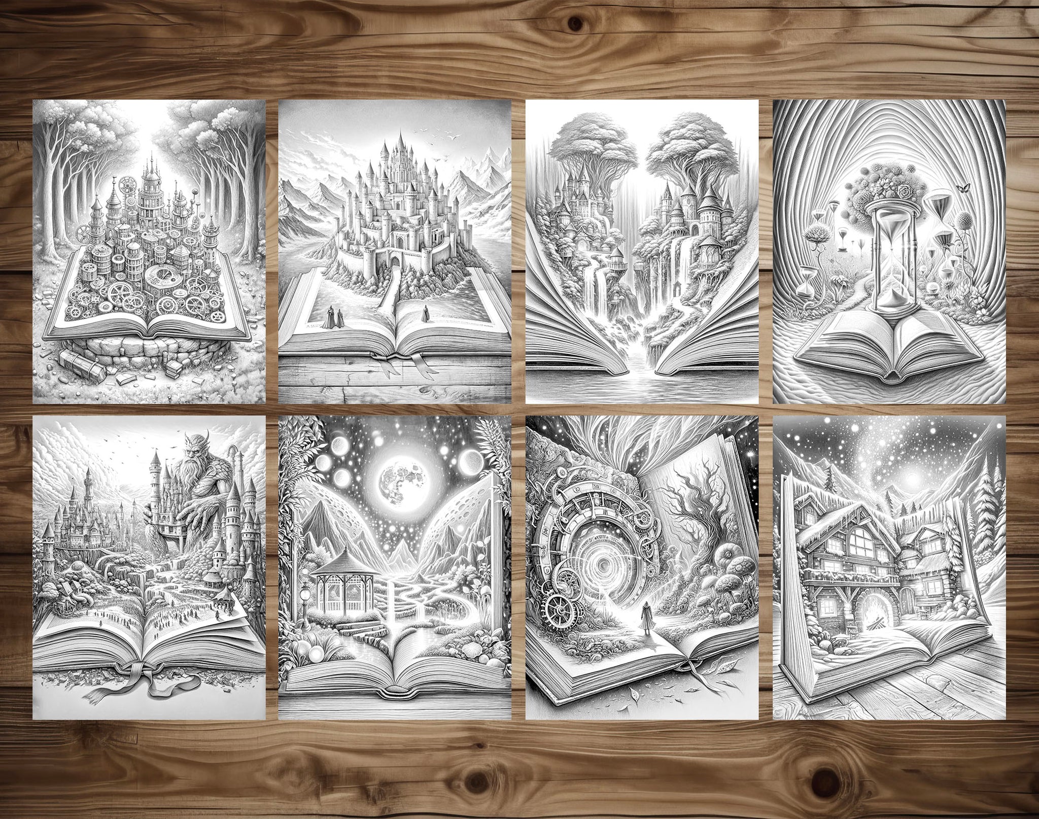 101 Open Magic Book 3 Grayscale Coloring Pages - Instant Download - Pr ...