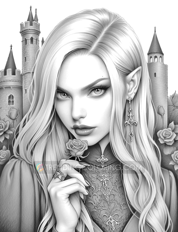 25 Vampire Beauties Grayscale Coloring Pages - Halloween Coloring - In ...