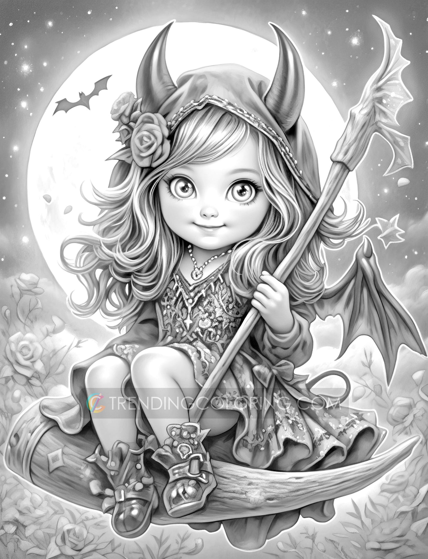 25 Little Devil Girls Grayscale Coloring Pages - Halloween Coloring ...