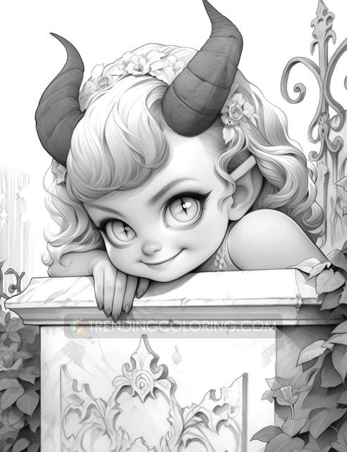 25 Little Devil Girls Grayscale Coloring Pages - Halloween Coloring ...
