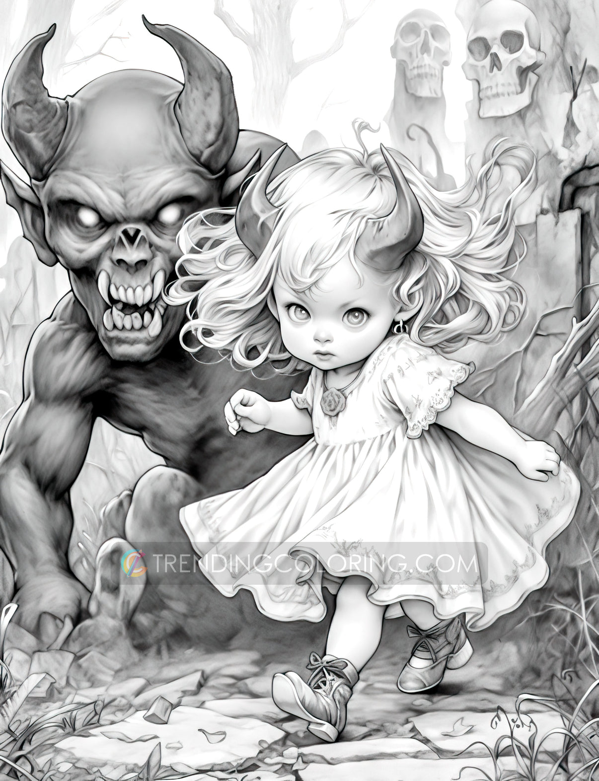 25 Little Devil Girls Grayscale Coloring Pages - Halloween Coloring ...