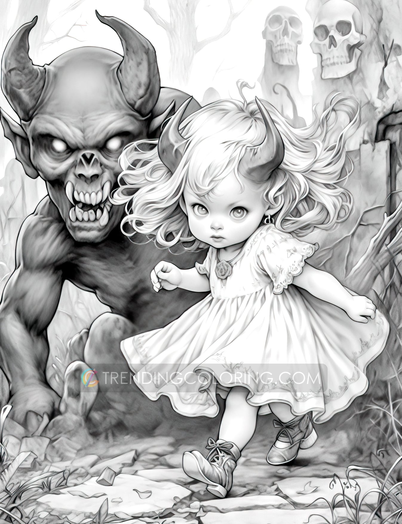 25 Little Devil Girls Grayscale Coloring Pages - Halloween Coloring ...