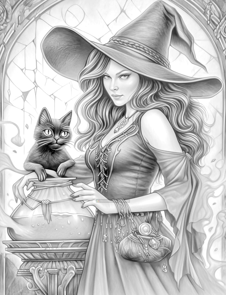 70 Beauty Witches Grayscale Coloring Pages for Adults - Instant Downlo ...