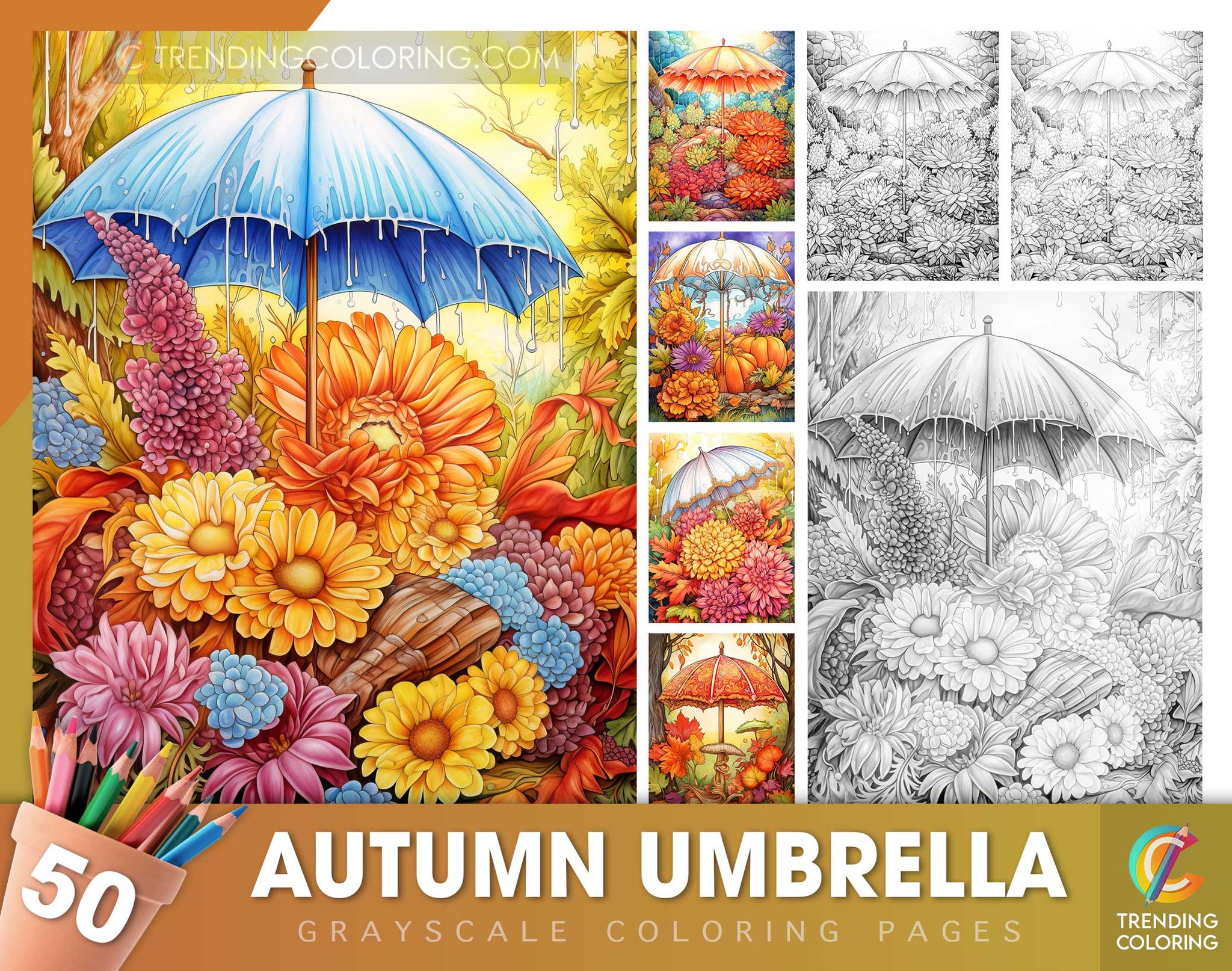50 Autumn Umbrella Grayscale Coloring Pages - Instant Download - Print ...
