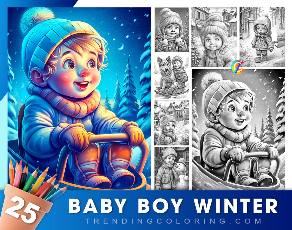 25 Baby Boy Winter Grayscale Coloring Pages - Instant Download - Print ...