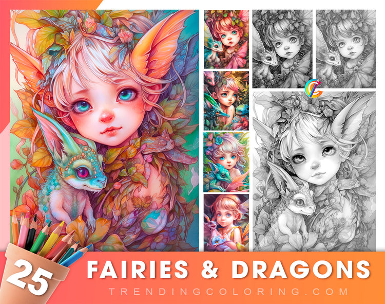 25 Fairies & Dragons Grayscale Coloring Pages for Adults - PDF File ...