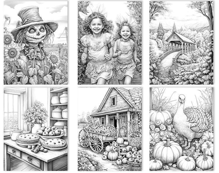 25 Fall & Thanksgiving Grayscale Coloring Pages - Instant Download - P ...