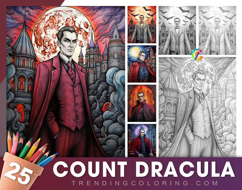 25 Count Dracula Grayscale Coloring Pages - Halloween Coloring - Insta ...