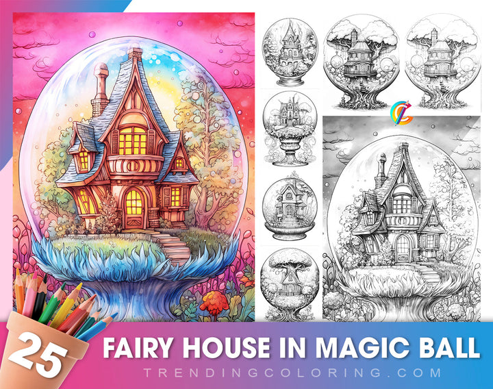 25 Fairy House In Magic Ball Grayscale Coloring Pages for Adults - Ins ...