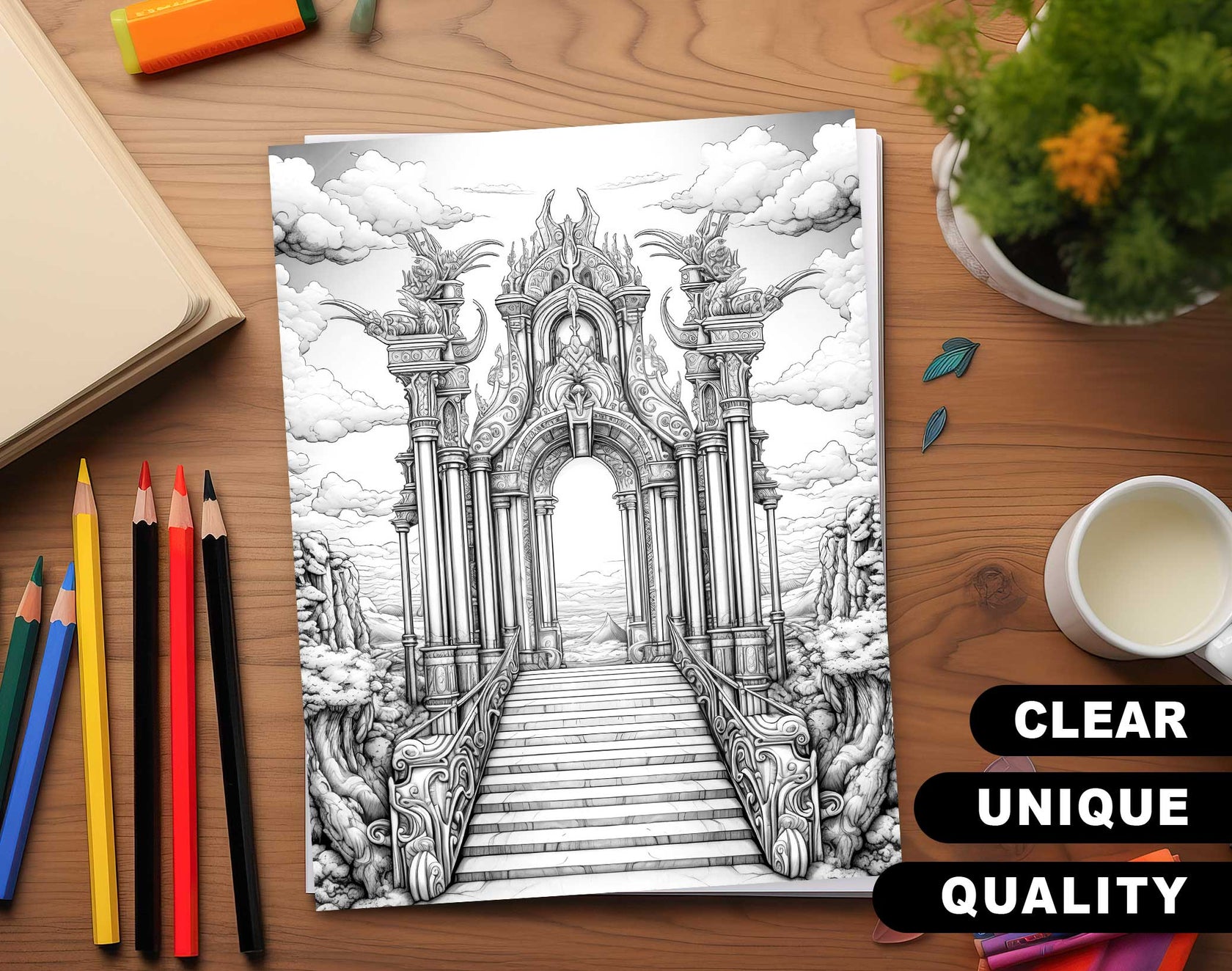 50 Gates Of Mystery Grayscale Coloring Pages - Instant Download - Prin ...
