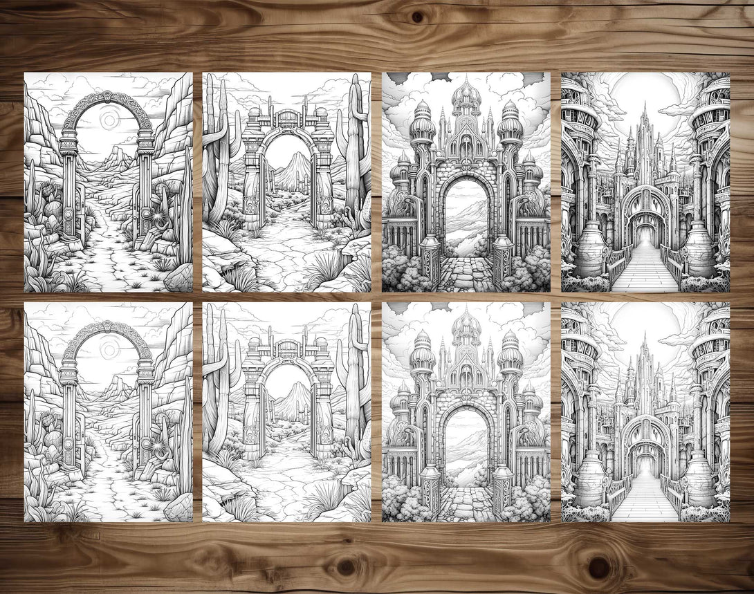 50 Gates Of Mystery Grayscale Coloring Pages - Instant Download - Prin ...