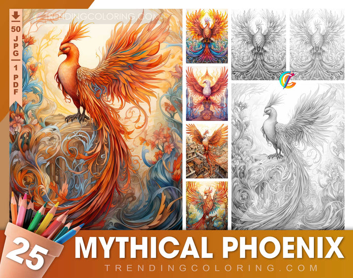 25 Mythical Phoenix Grayscale Coloring Pages - Instant Download - Prin ...