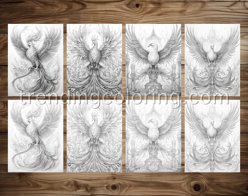 25 Mythical Phoenix Grayscale Coloring Pages - Instant Download - Prin ...