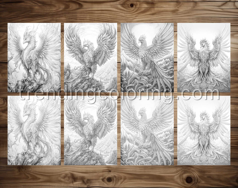 25 Mythical Phoenix Grayscale Coloring Pages - Instant Download - Prin ...