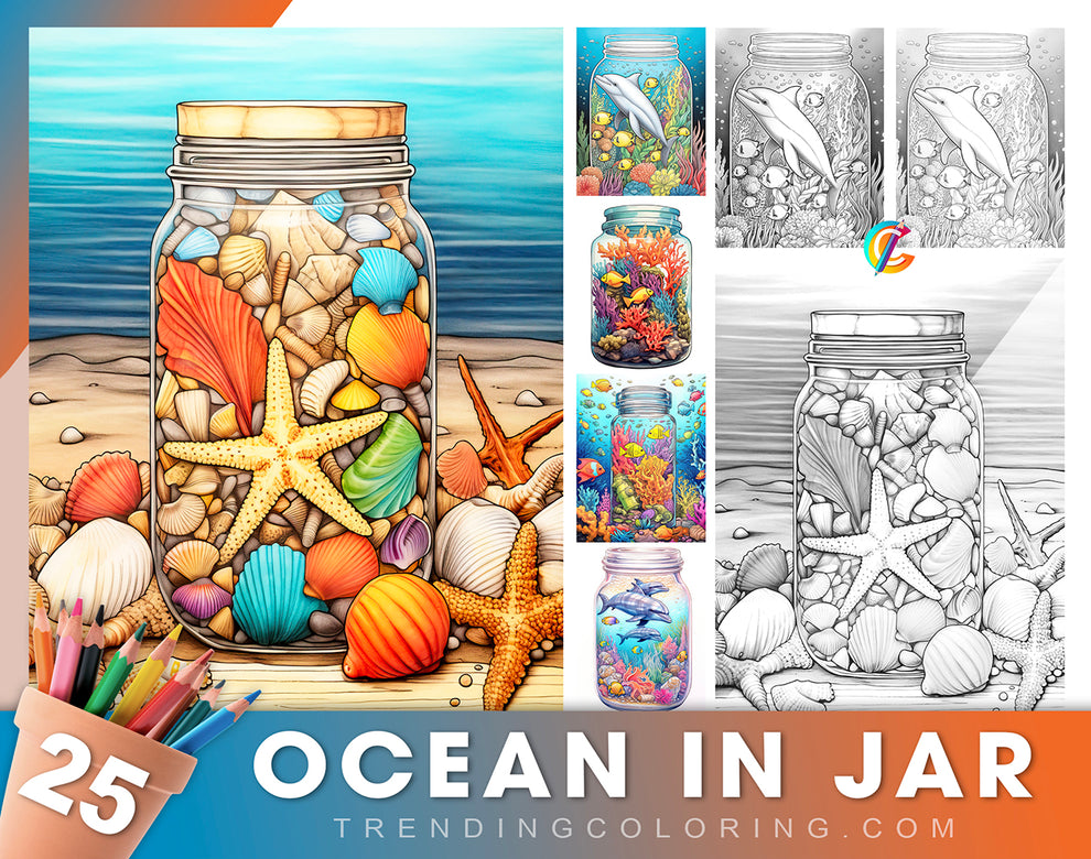 25 Ocean In Jar Grayscale Coloring Pages - Instant Download - Printabl ...