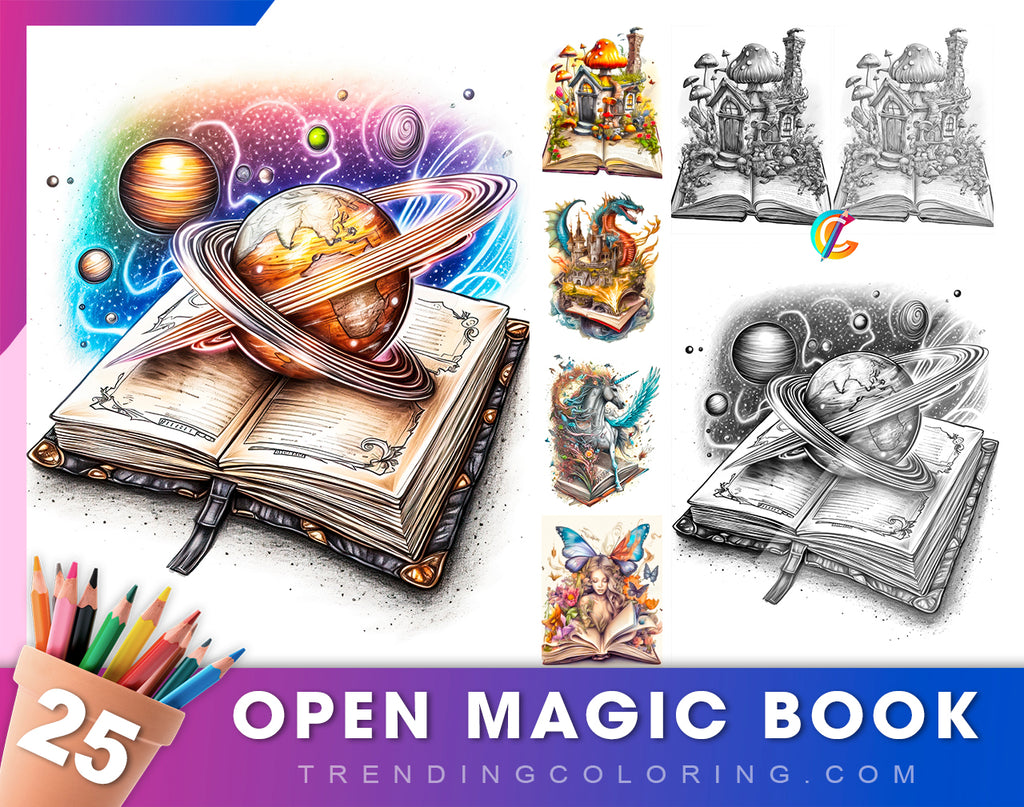 25 Open Magic Book Grayscale Coloring Pages - Instant Download - Print ...