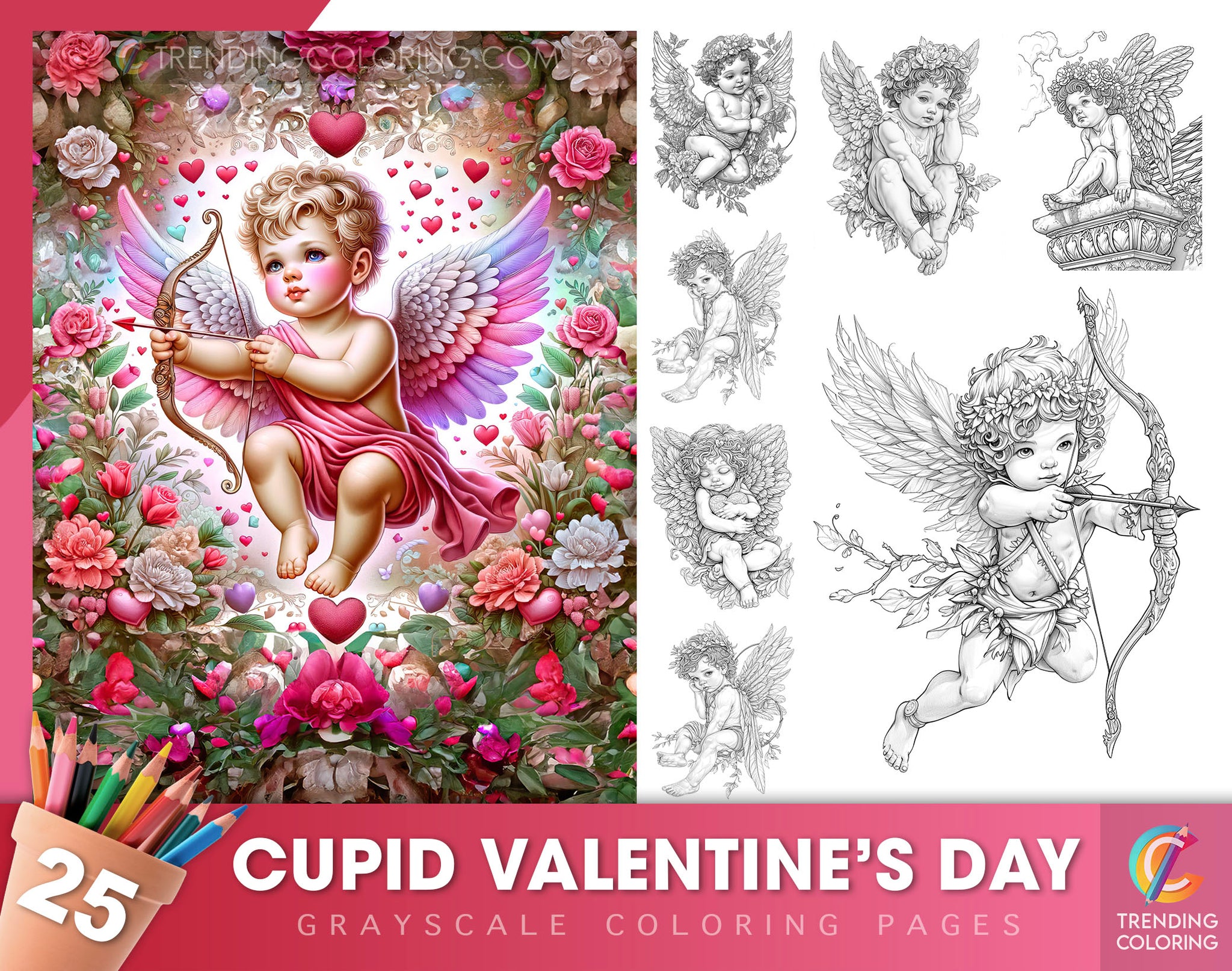 25 Cupid Valentine's Day Grayscale Coloring Pages - Instant Download ...