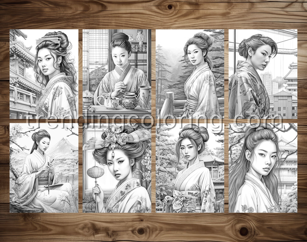 30 Traditional Japanese Girls Grayscale Coloring Pages - Instant Downl ...