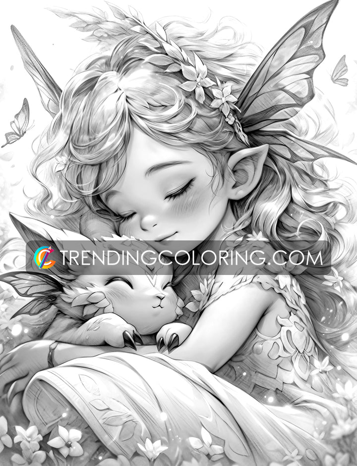 35 Fairies & Dragons 2 Grayscale Coloring Pages for Adults - Instant D ...