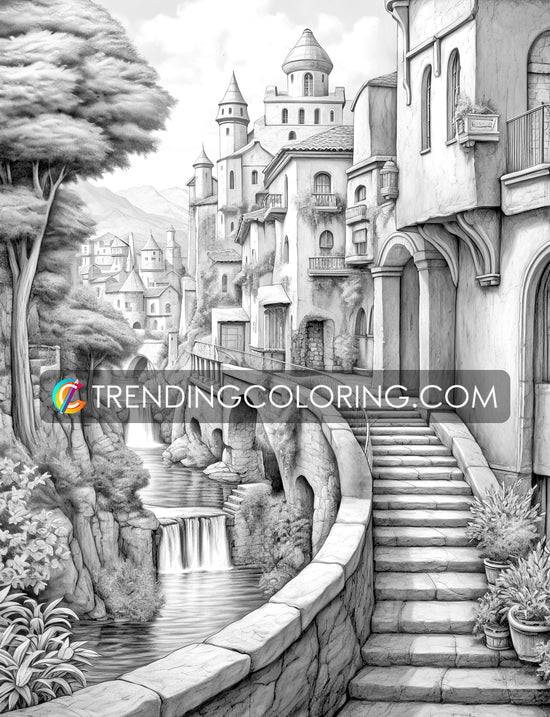 40 Medieval Town Grayscale Coloring Pages - Instant Download - Printab ...