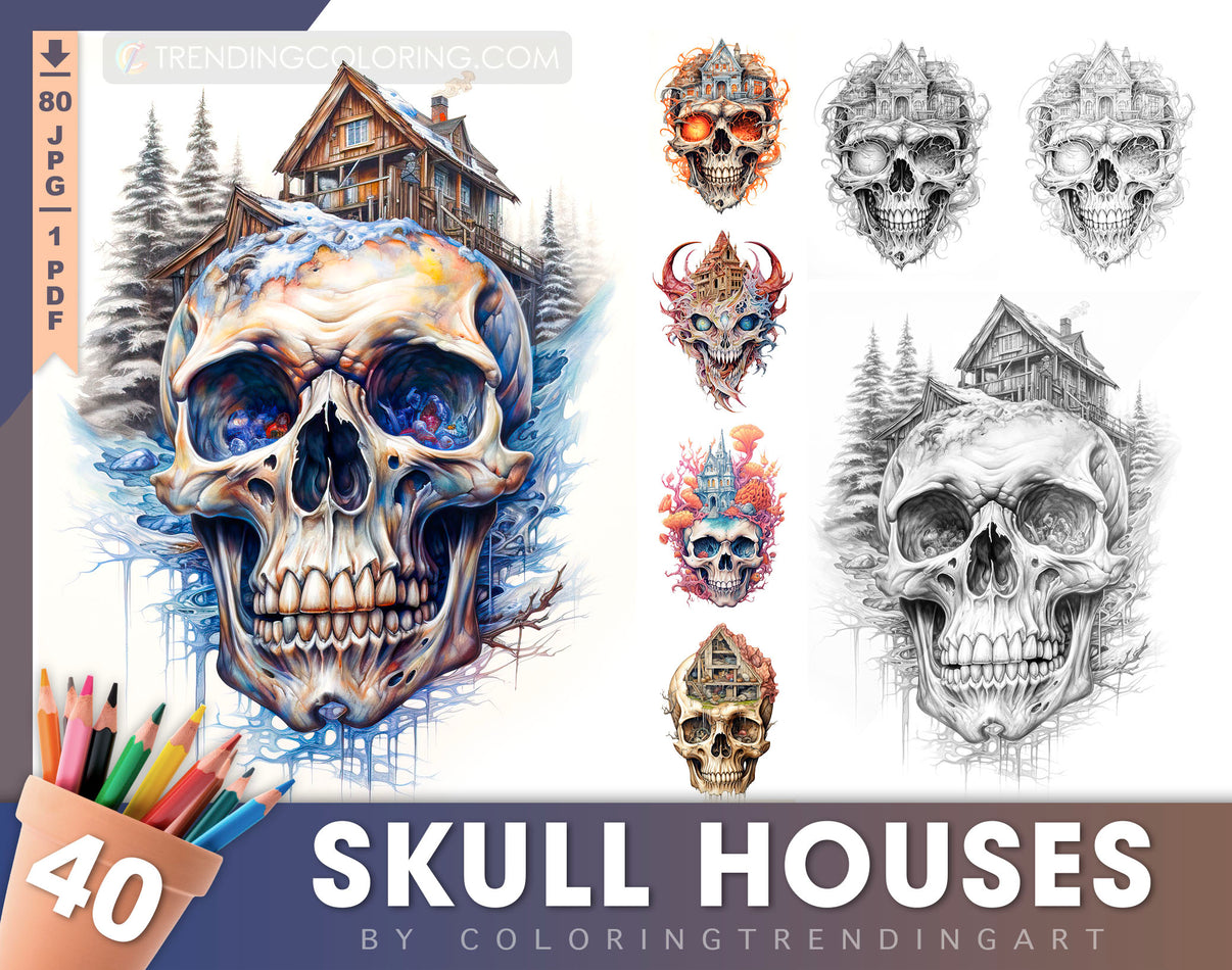 40 Skull House Grayscale Coloring Pages - Halloween Coloring - Instant ...