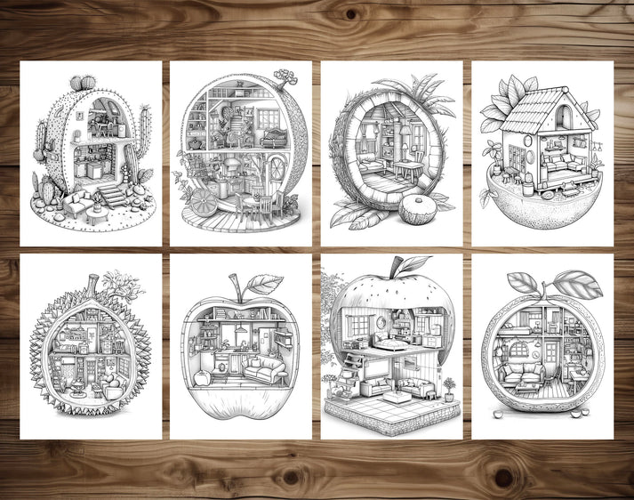 42 Fruit House Interior Grayscale Coloring Pages - Instant Download ...