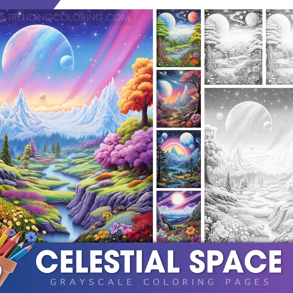 50 Celestial Space Grayscale Coloring Pages - Instant Download - Print ...
