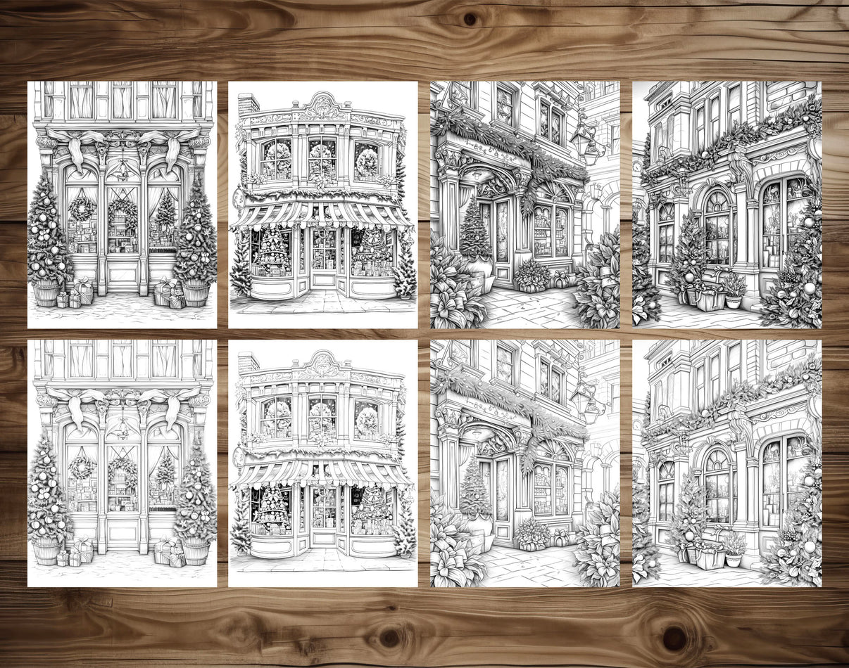 50 Christmas Storefront Grayscale Coloring Pages - Instant Download ...