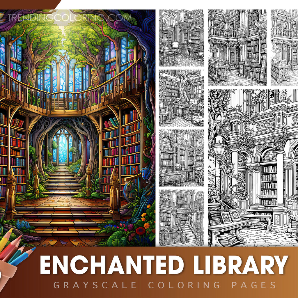 50 Enchanted Library Grayscale Coloring Pages - Instant Download - Pri ...