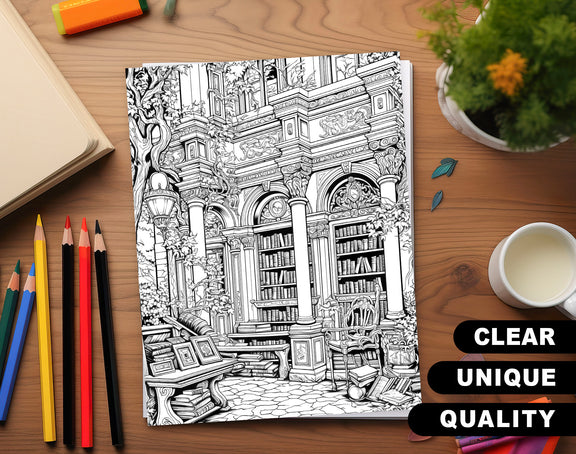 50 Enchanted Library Grayscale Coloring Pages - Instant Download - Pri ...