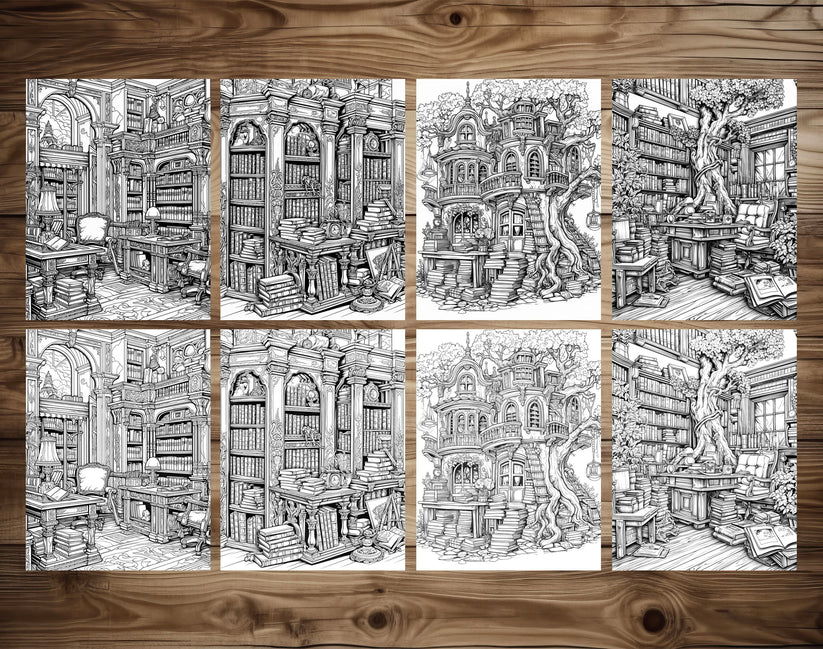 50 Enchanted Library Grayscale Coloring Pages - Instant Download - Pri ...
