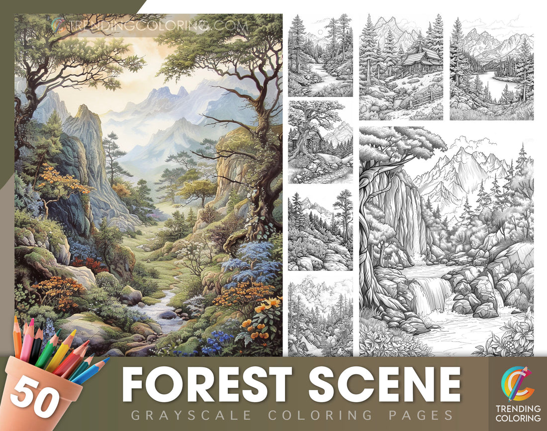 50 Forest Scene Grayscale Coloring Pages - Instant Download - Printabl ...