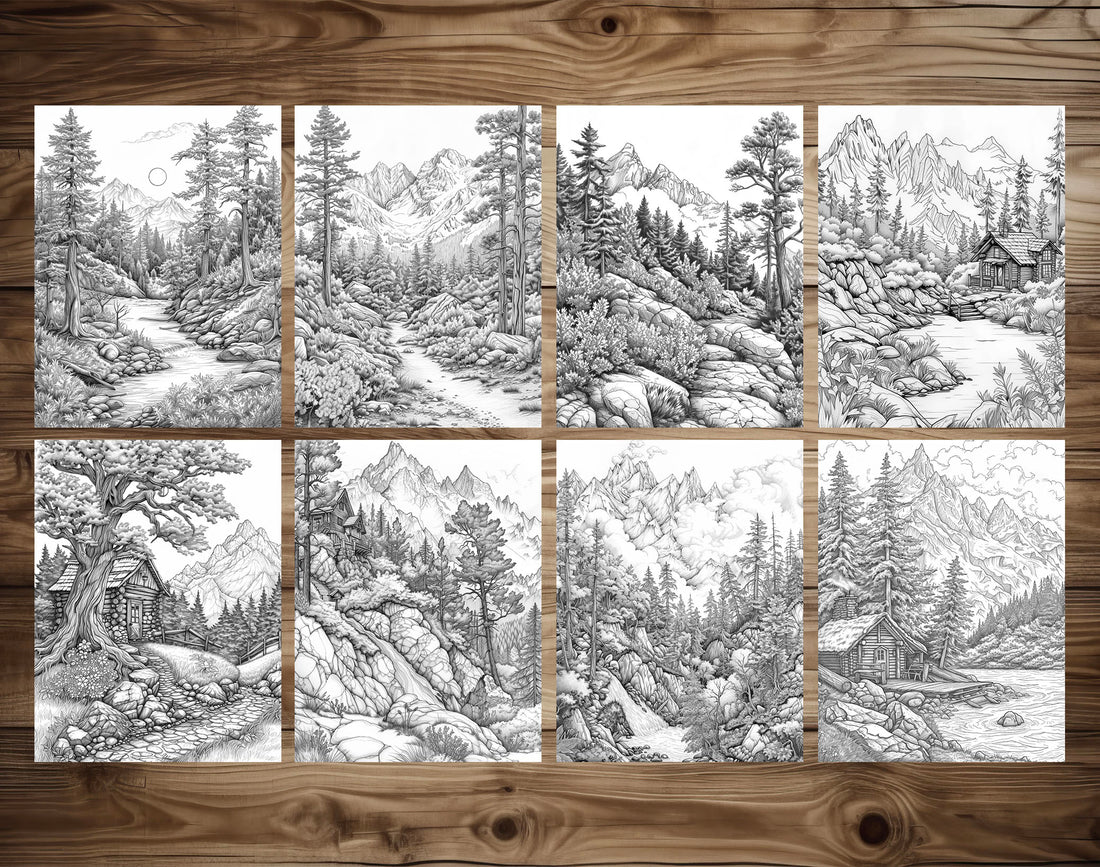 50 Forest Scene Grayscale Coloring Pages - Instant Download - Printabl ...
