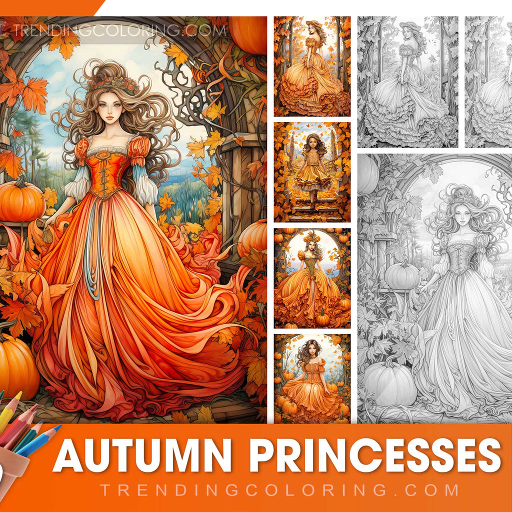 50 Autumn Princesses Grayscale Coloring Pages - Instant Download - Pri ...